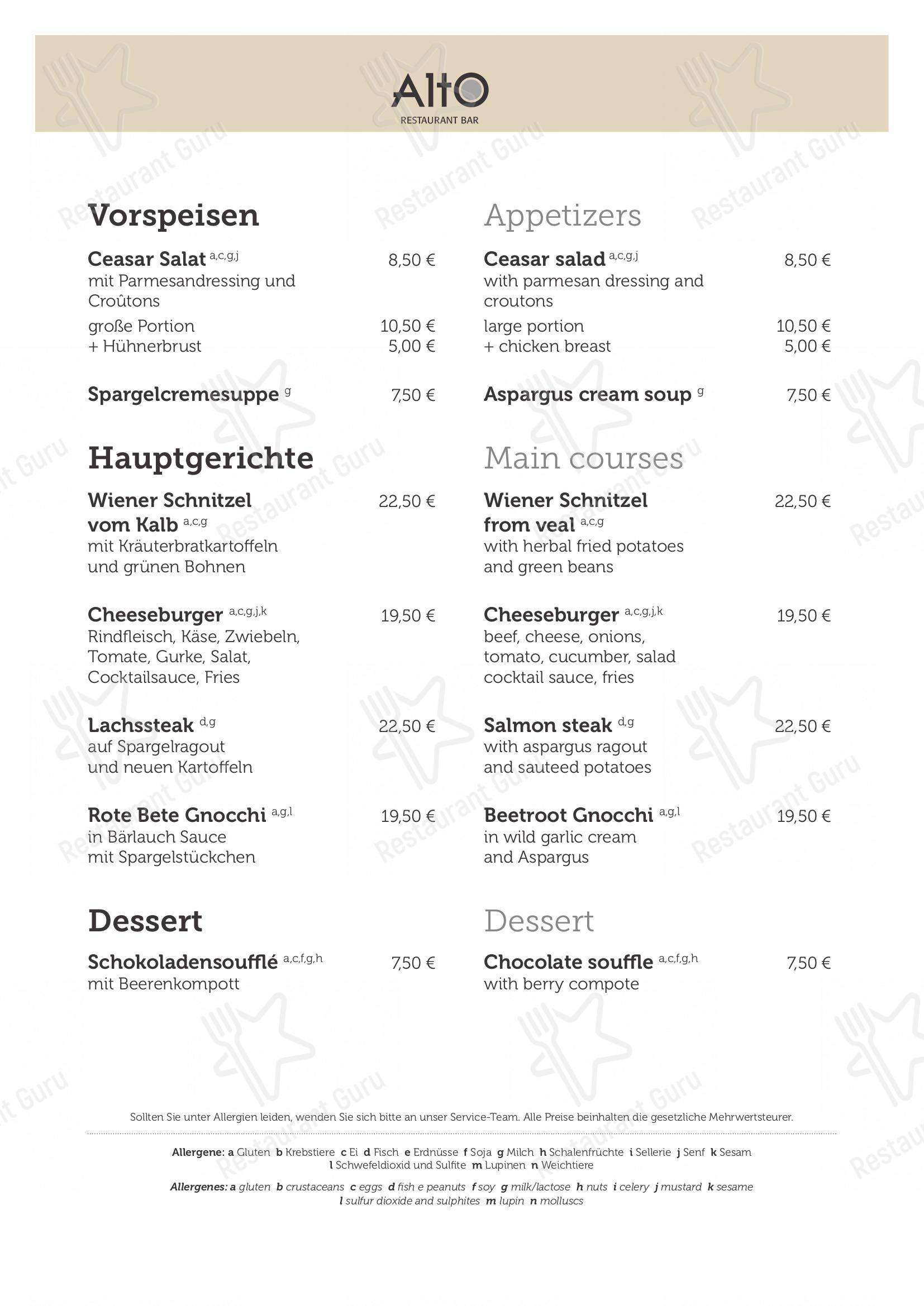 Speisekarte von Alto Restaurant im Adina Apartment Hotel Nürnberg, Nürnberg