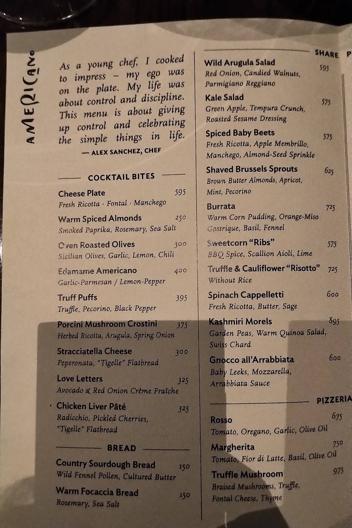 Menu at Americano, Mumbai