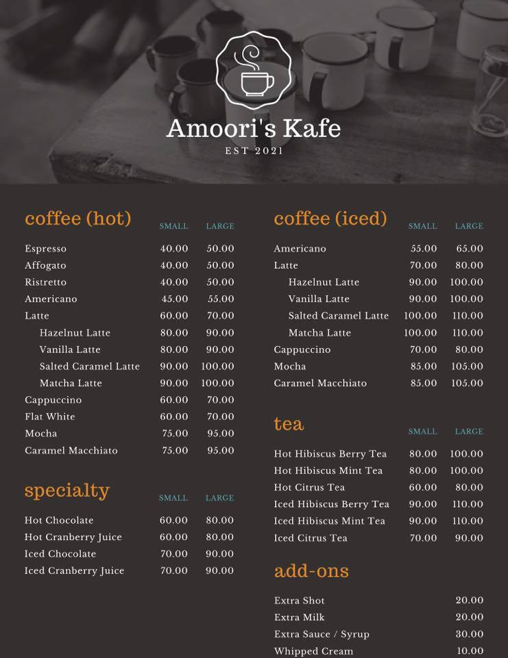 Menu at Amoori’s Kafe, Parañaque