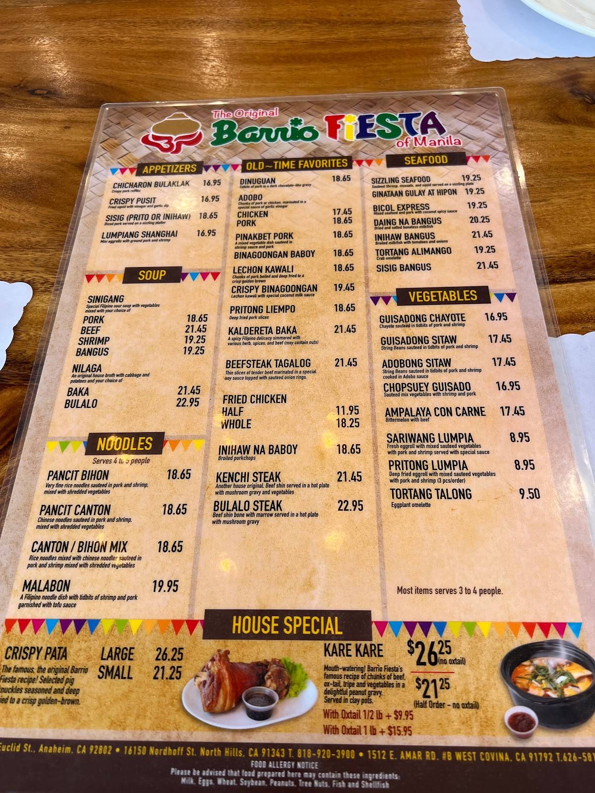 Menu at The Original Barrio Fiesta Of Manila, Anaheim