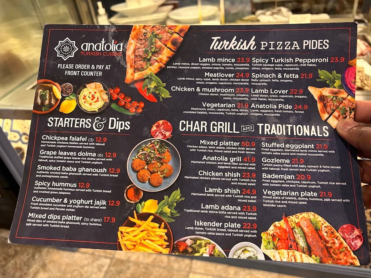 Menu at Anatolia Turkish Cuisine restaurant, Forster