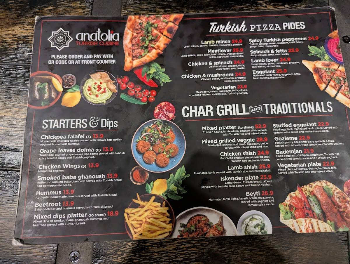 Menu at Anatolia Turkish Cuisine restaurant, Forster
