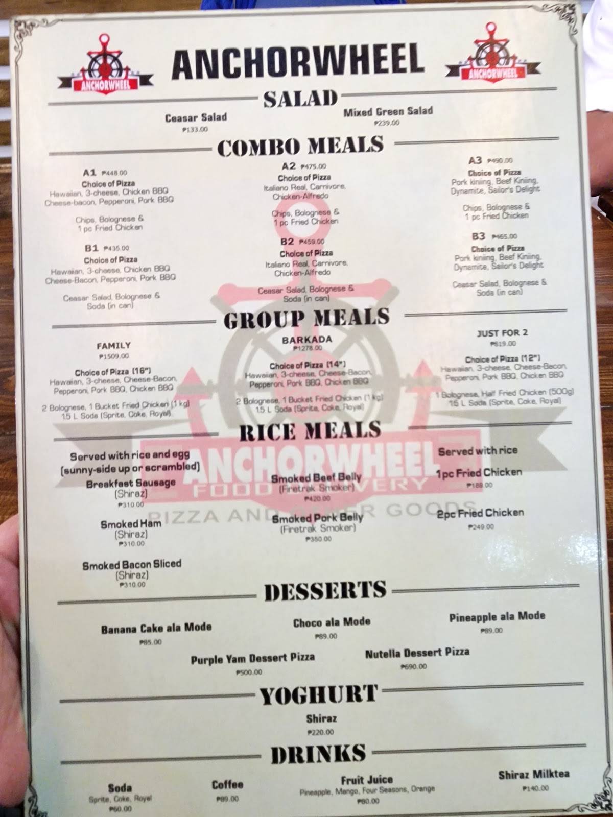 Menu at Anchorwheel restaurant, Baguio