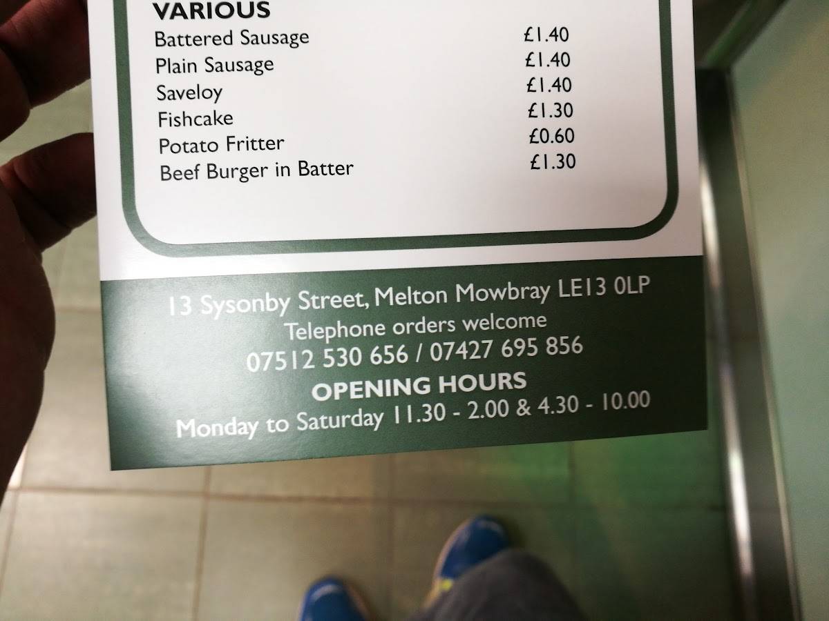 Menu at Andy's Fish Bar, Melton Mowbray, 13 Sysonby St