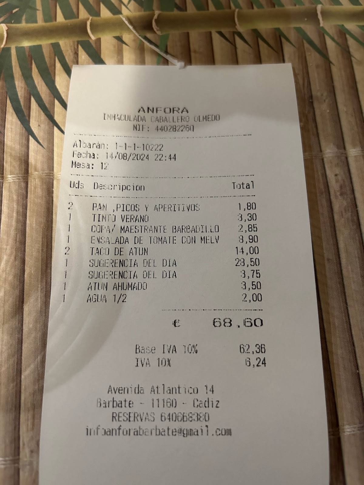 Carta del restaurante Ánfora Tapería, Barbate