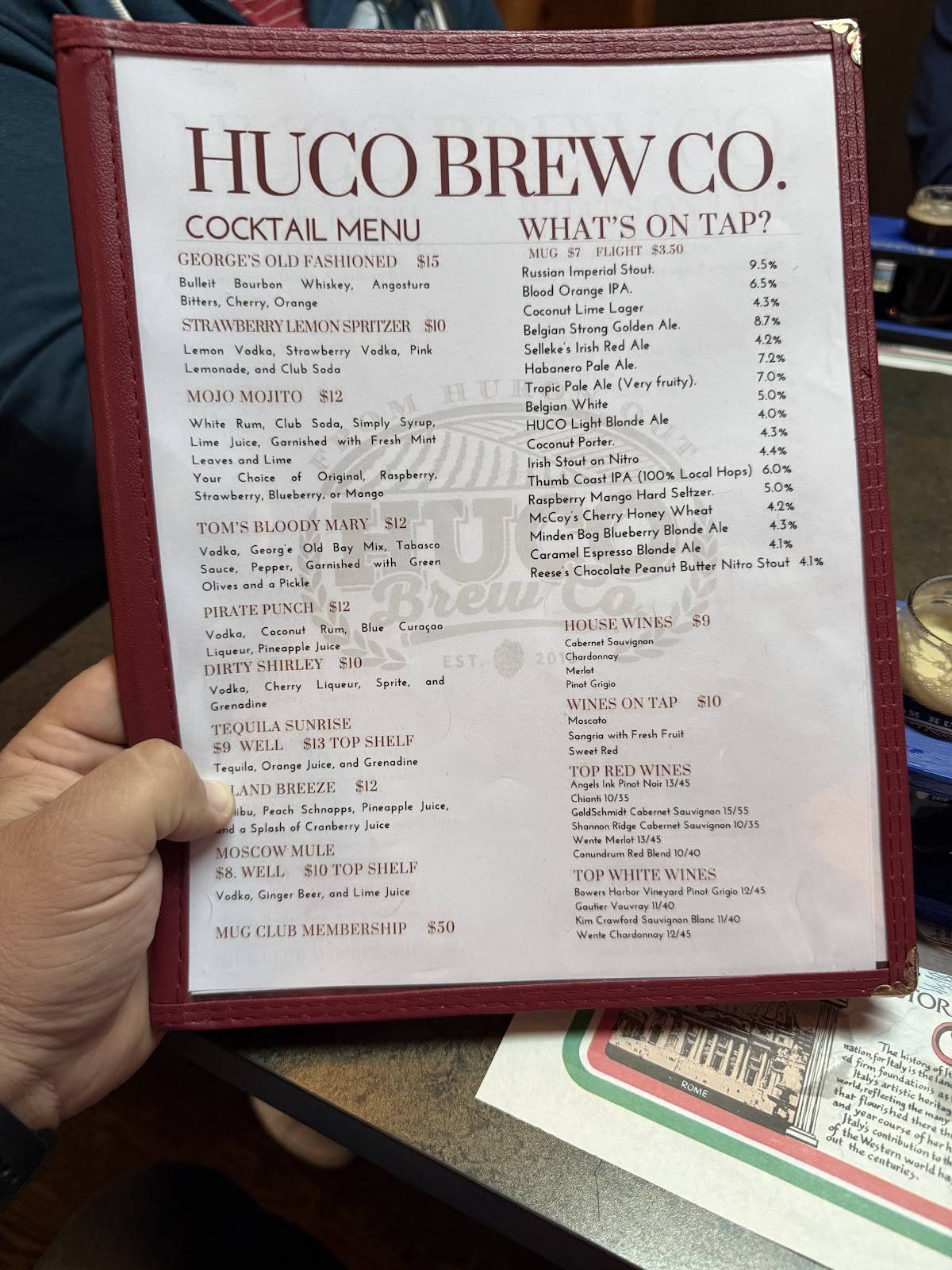 Menu at Angelina's Eatery & HUCO Brew Co. pizzeria, Ubly