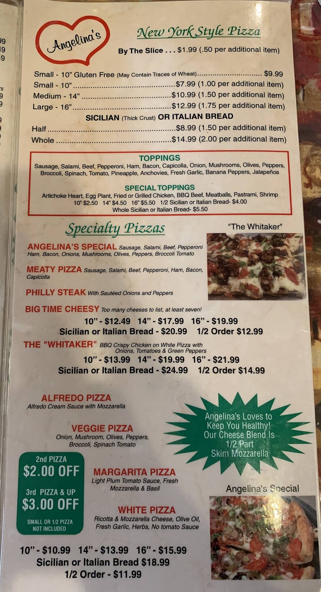 Menu at Angelina's Pizzeria, DeLand