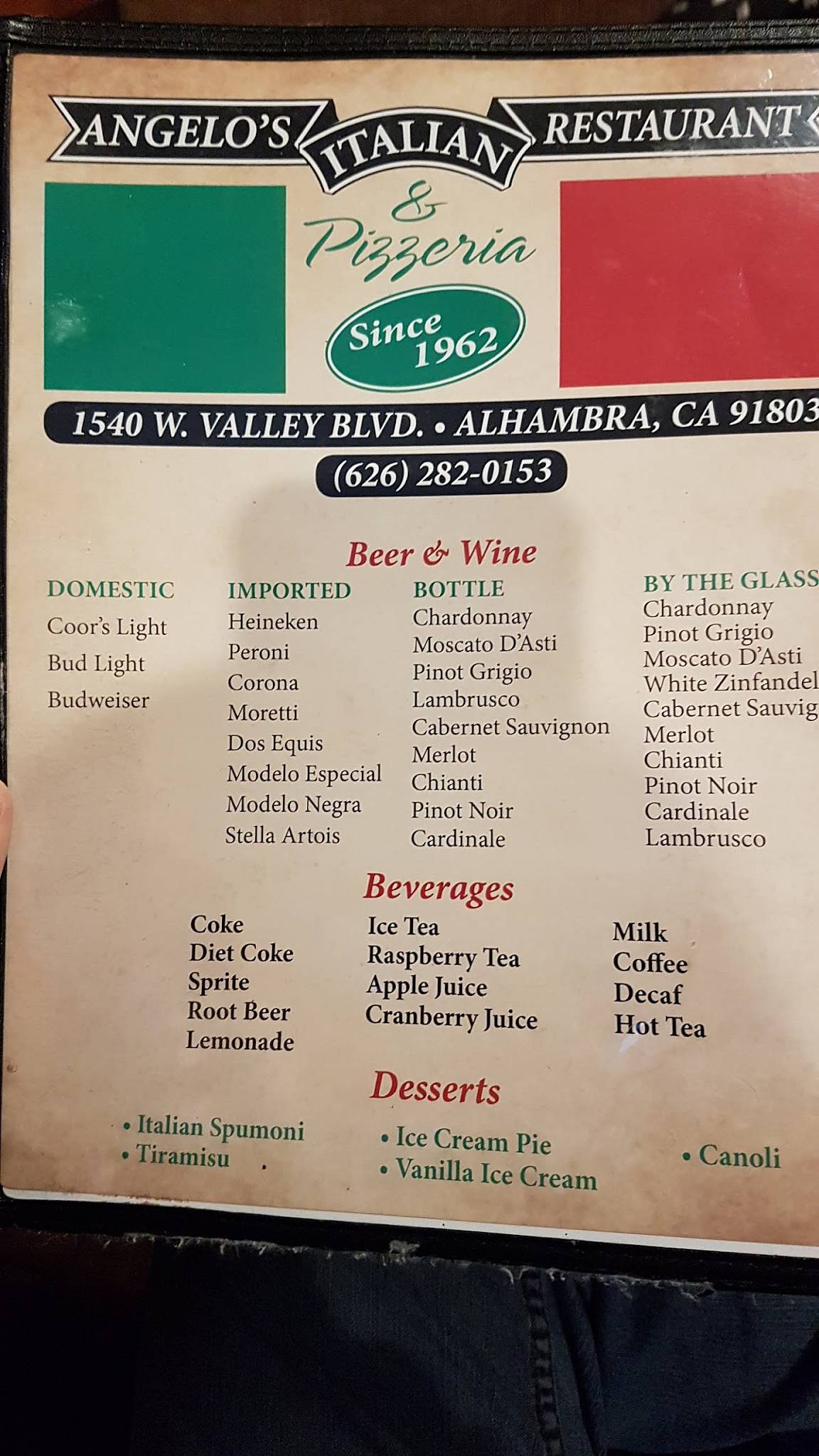 Menu at Angelo's Italian Restaurant & Pizzeria, Alhambra