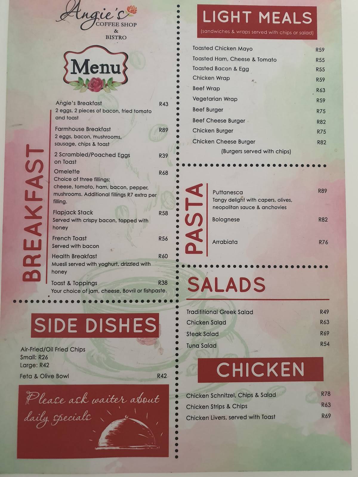 Menu at Angies Coffee Shop restaurant, Riebeeck West