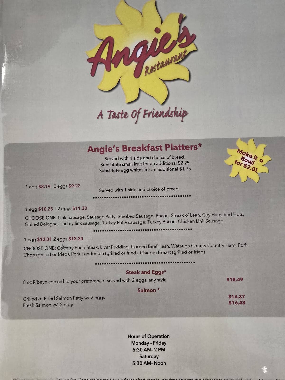Menu at Angie's Restaurant, Garner