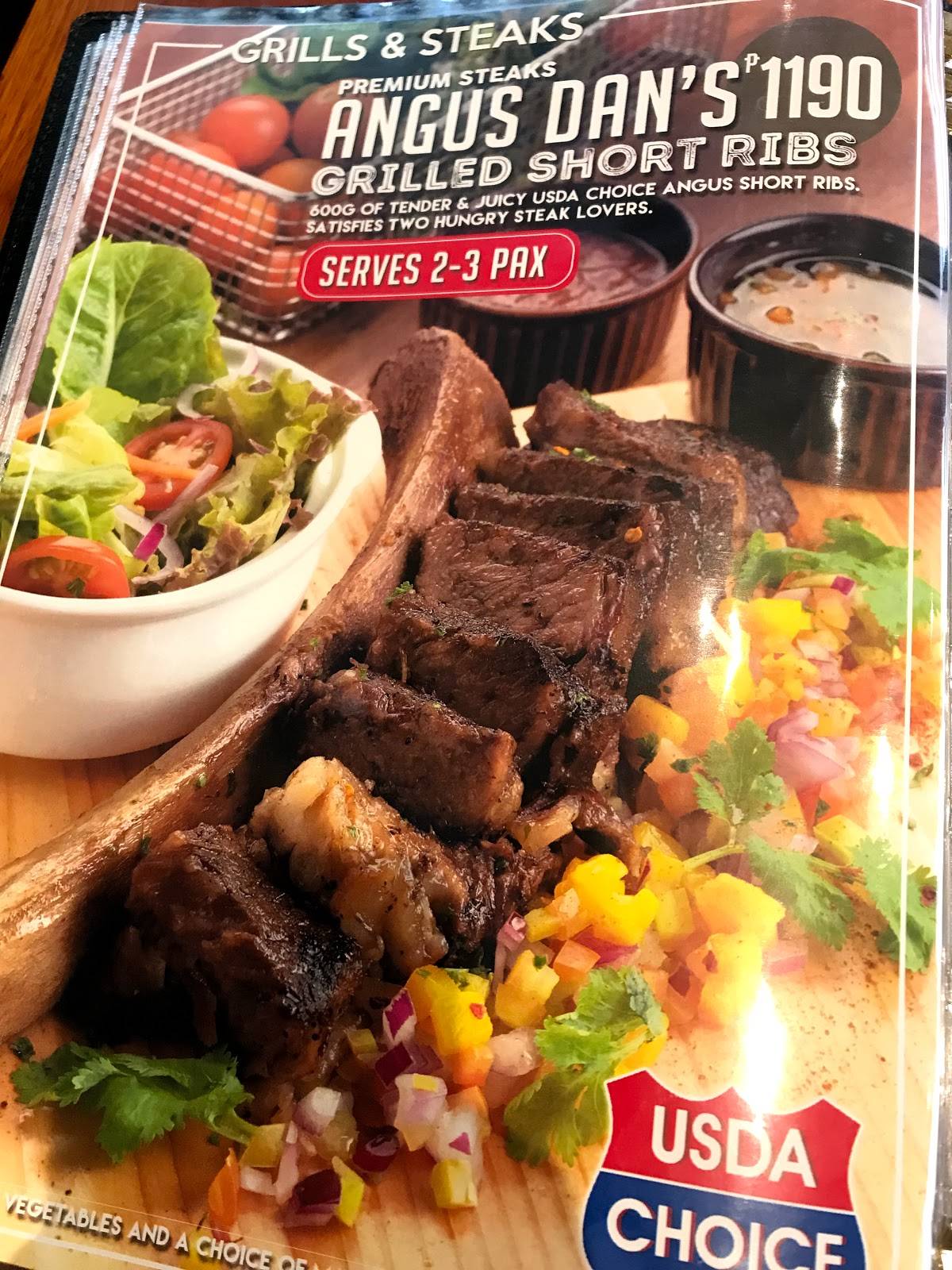 Menu at Angus Dan's steakhouse, Cebu City