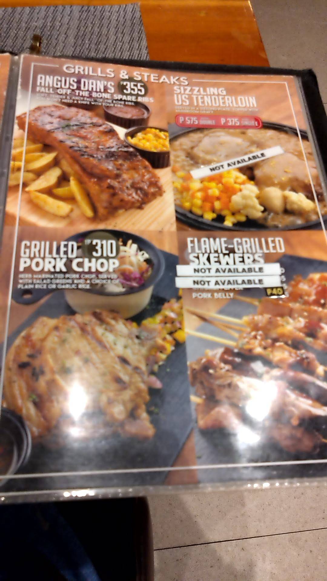 Menu at Angus Dan's steakhouse, Cebu City