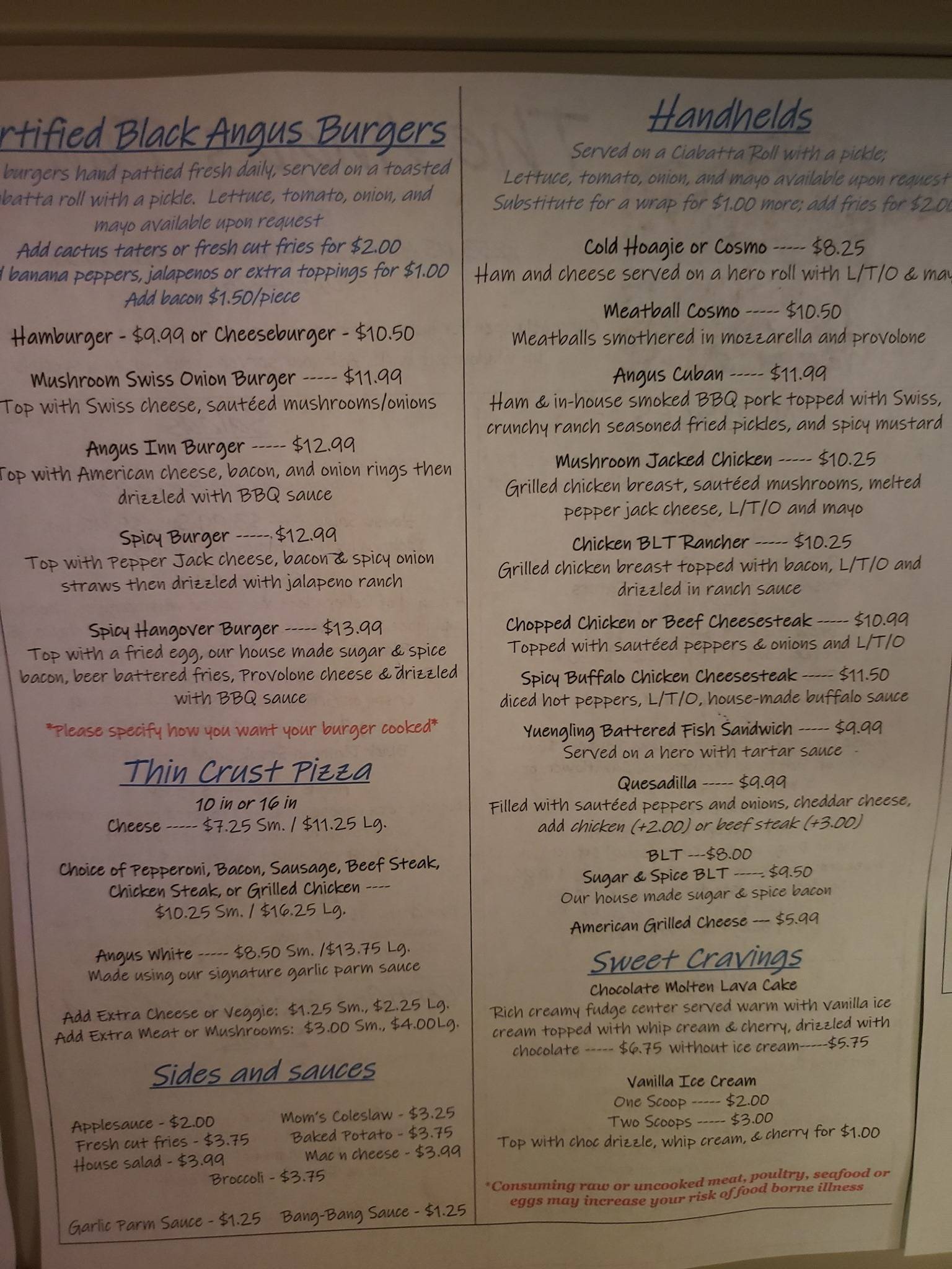Menu at Angus Inn pub & bar, Hughesville, US-220