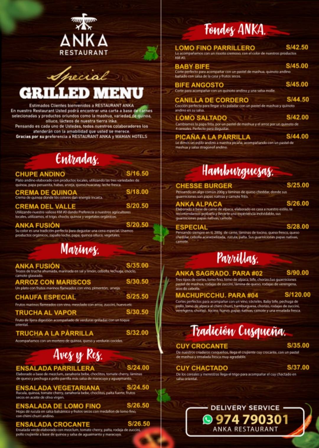 Carta de Anka Restaurant - Plaza Santo Domingo, Cusco