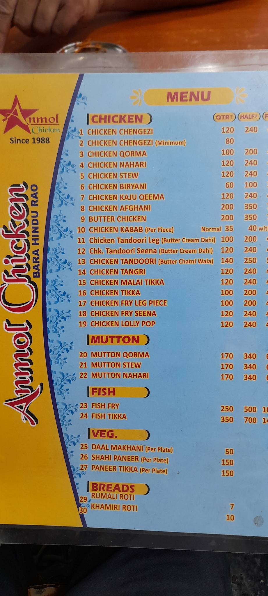Menu at Anmol. Chicken Restaurants, Delhi