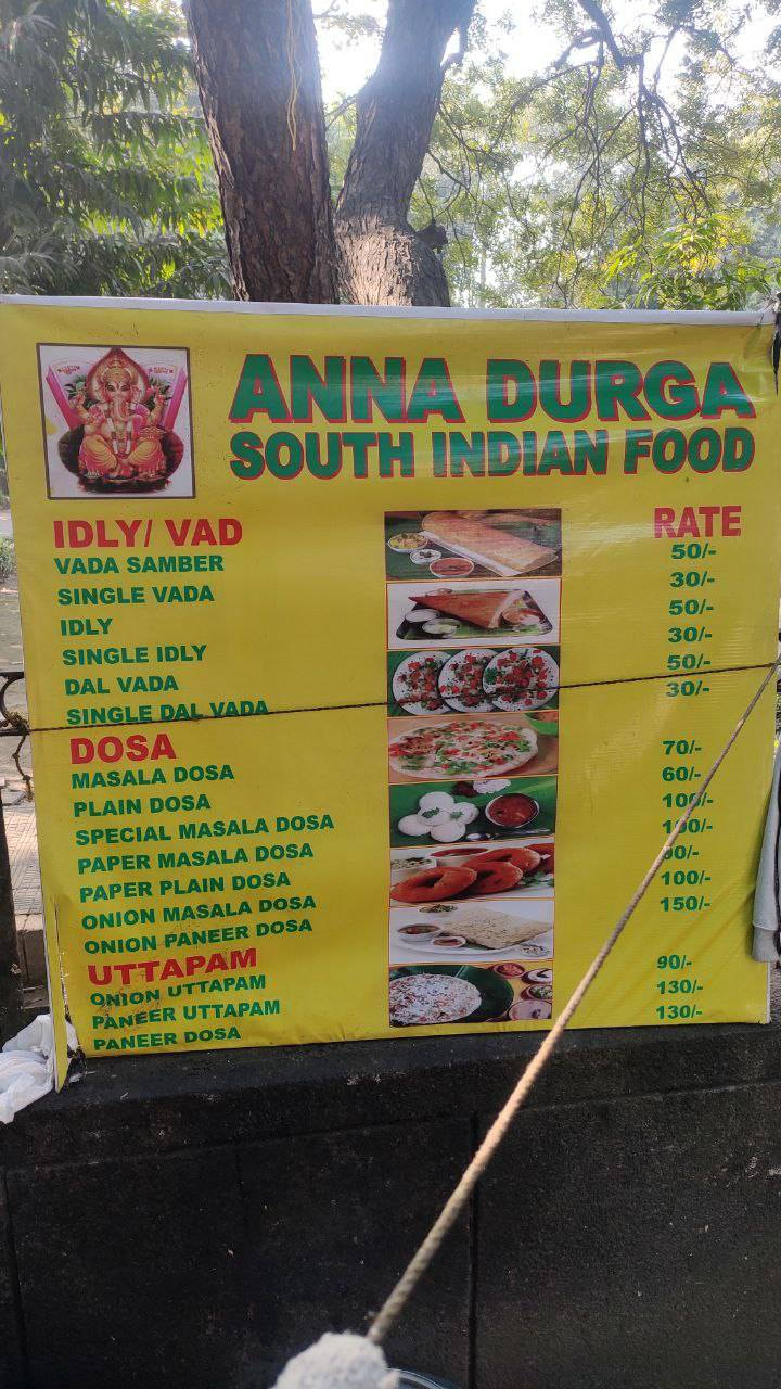Menu at Anna Durga Dosa Stall, New Delhi