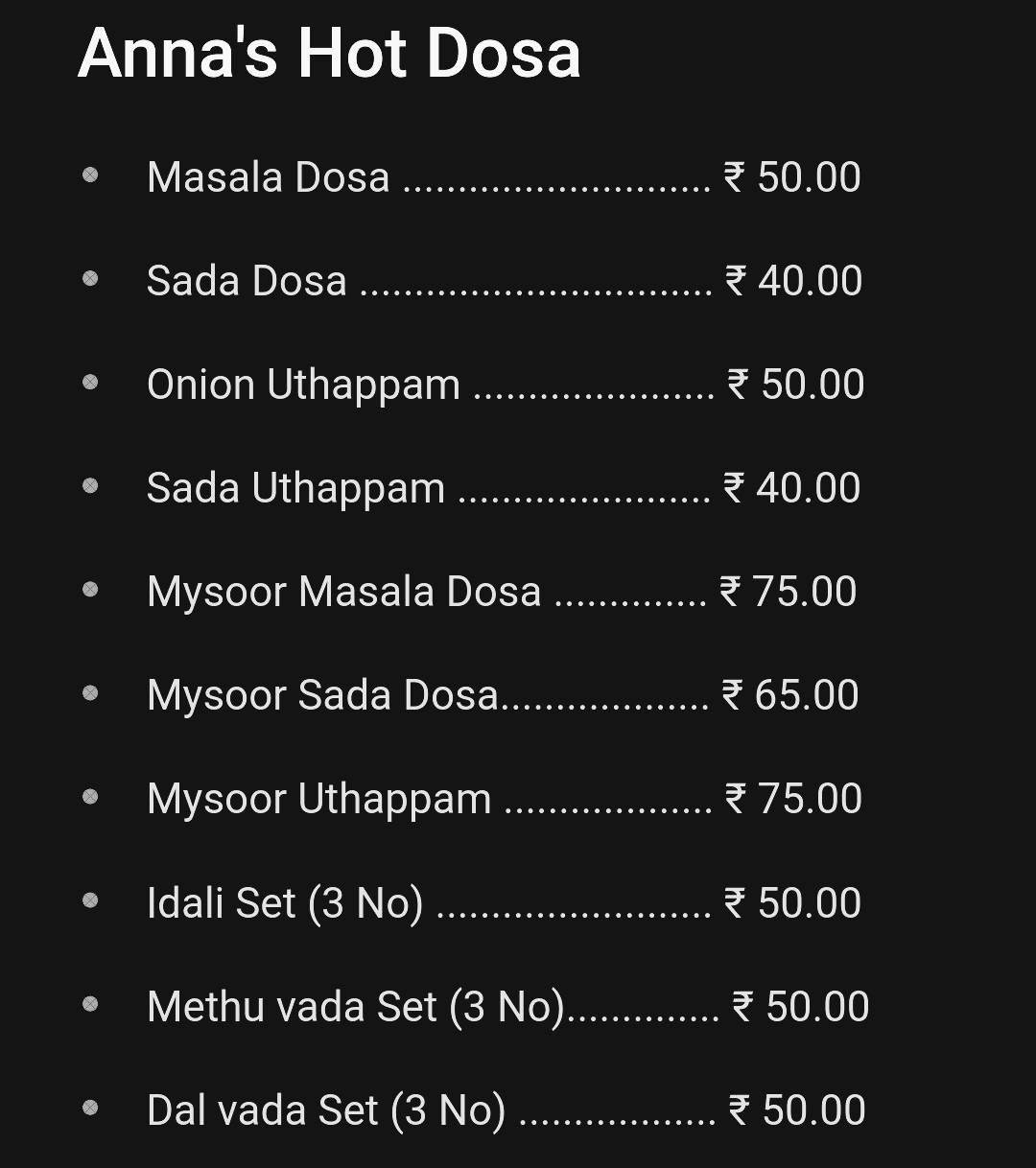Menu at Anna's Hot Dosa, Mumbai, Shop No 5