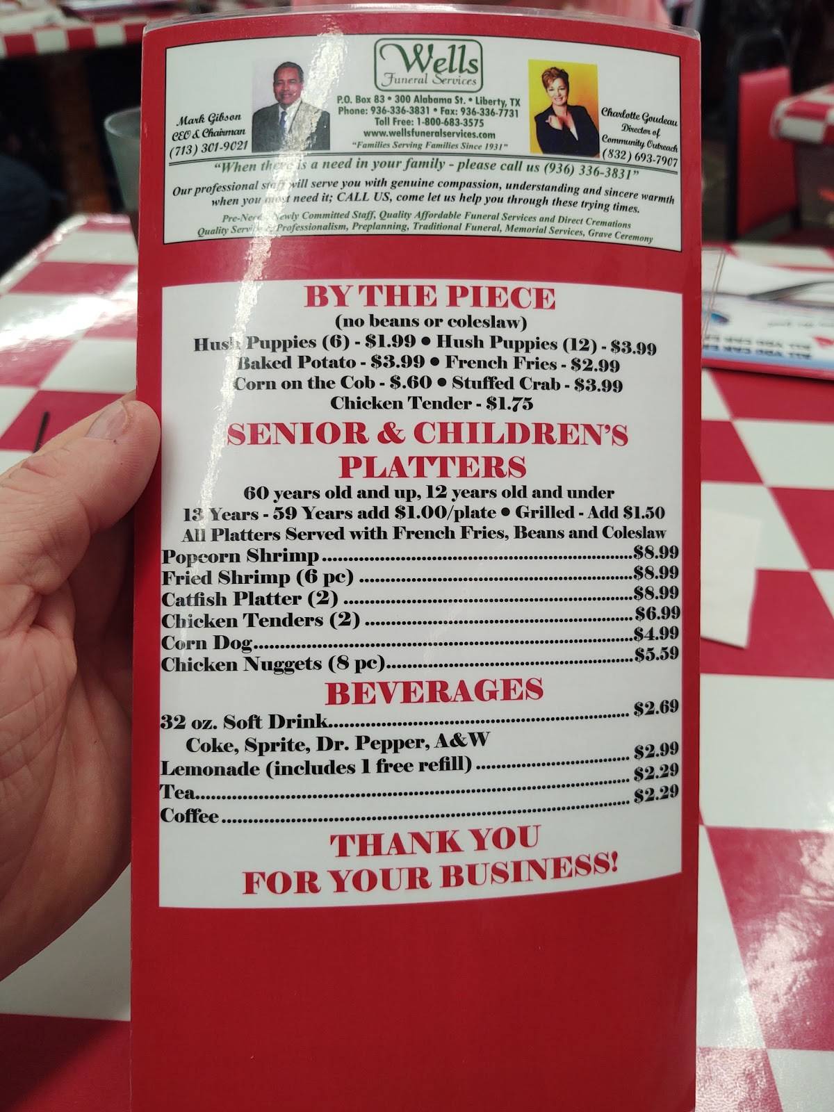 Menu at Ann's Seafood restaurant, Liberty