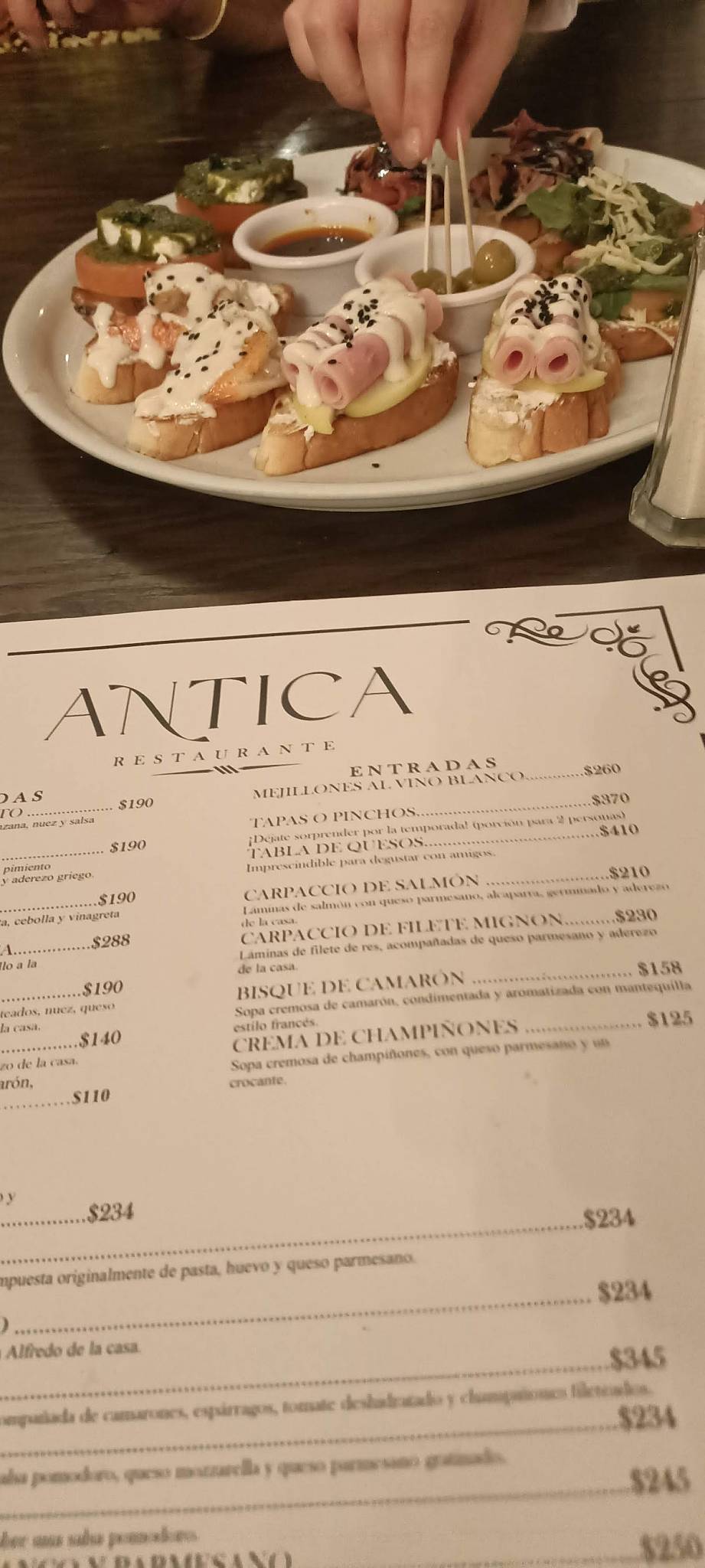 Carta de Antica Restaurante, Reynosa