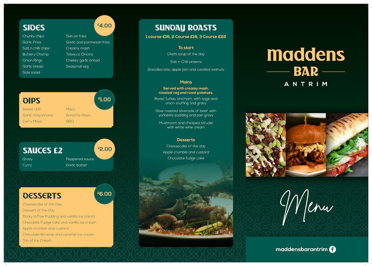 Menu at Maddens Bar & Grill Antrim, Antrim