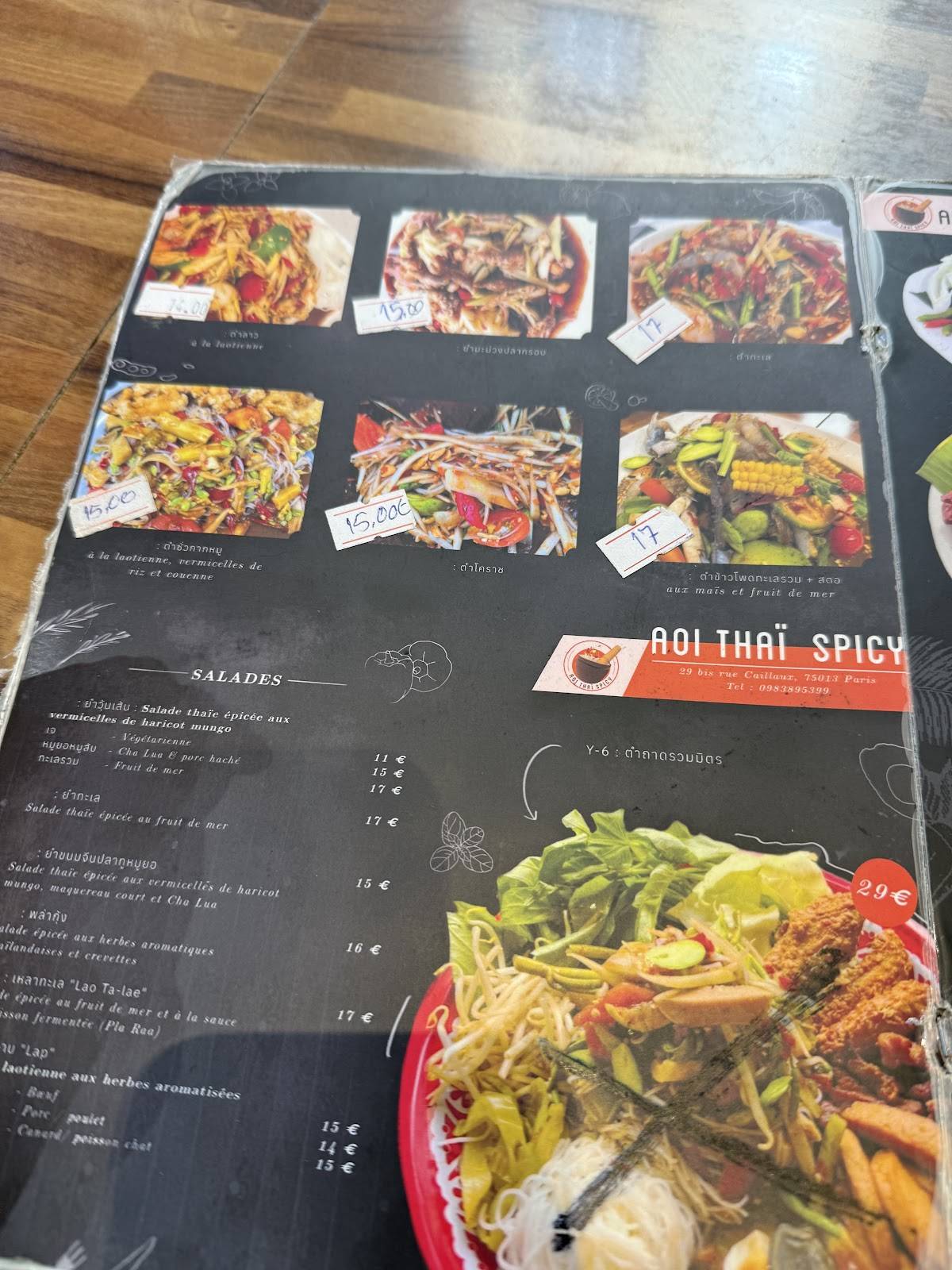 Menu at Aoi thai spicy restaurant, Paris