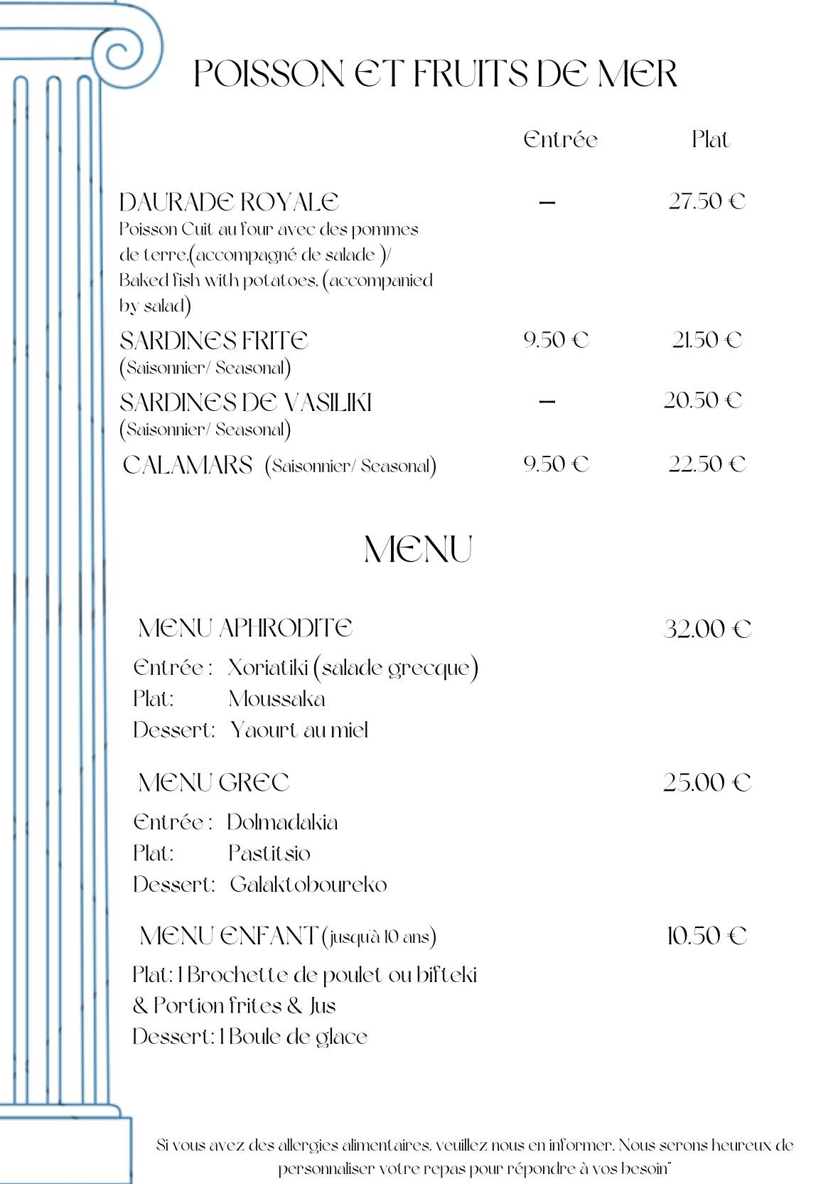 Menu au Aphrodite's restaurant grec, Kaysersberg-Vignoble