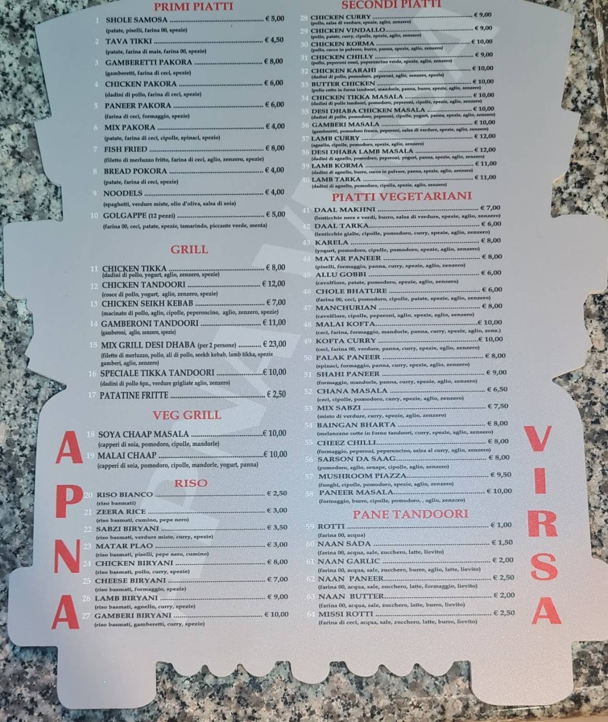 Menu da Apna Virsa ristorante, Brescia