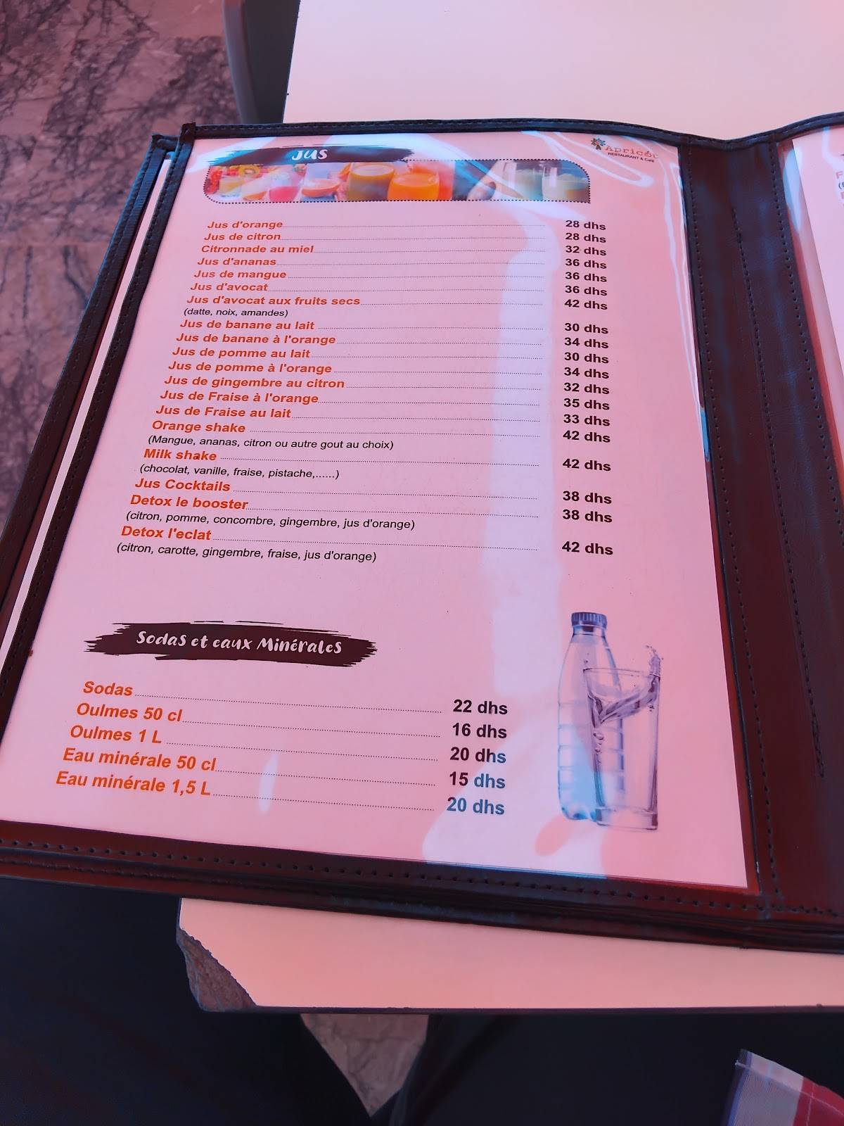 Menu at Apricot restaurant, Rabat