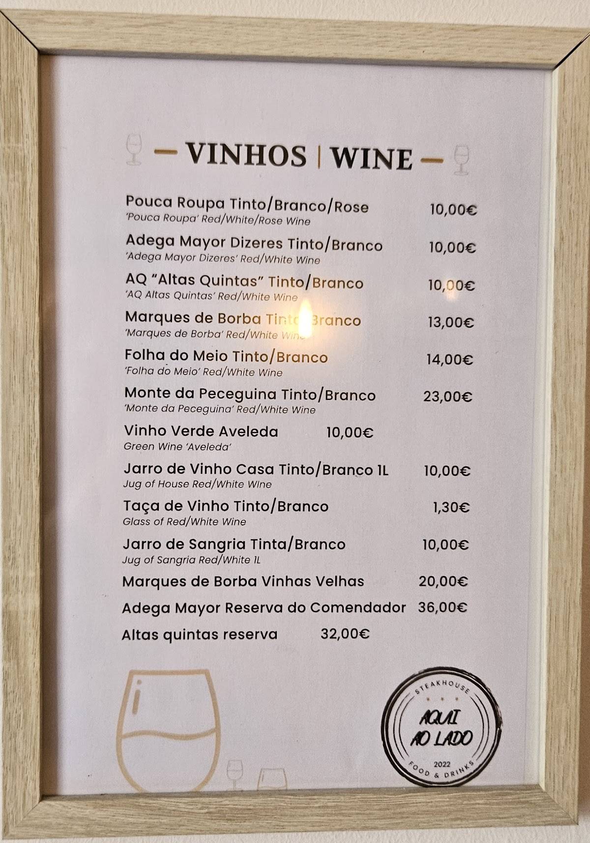 Menu em Aqui Ao Lado restaurante, Castelo de Vide