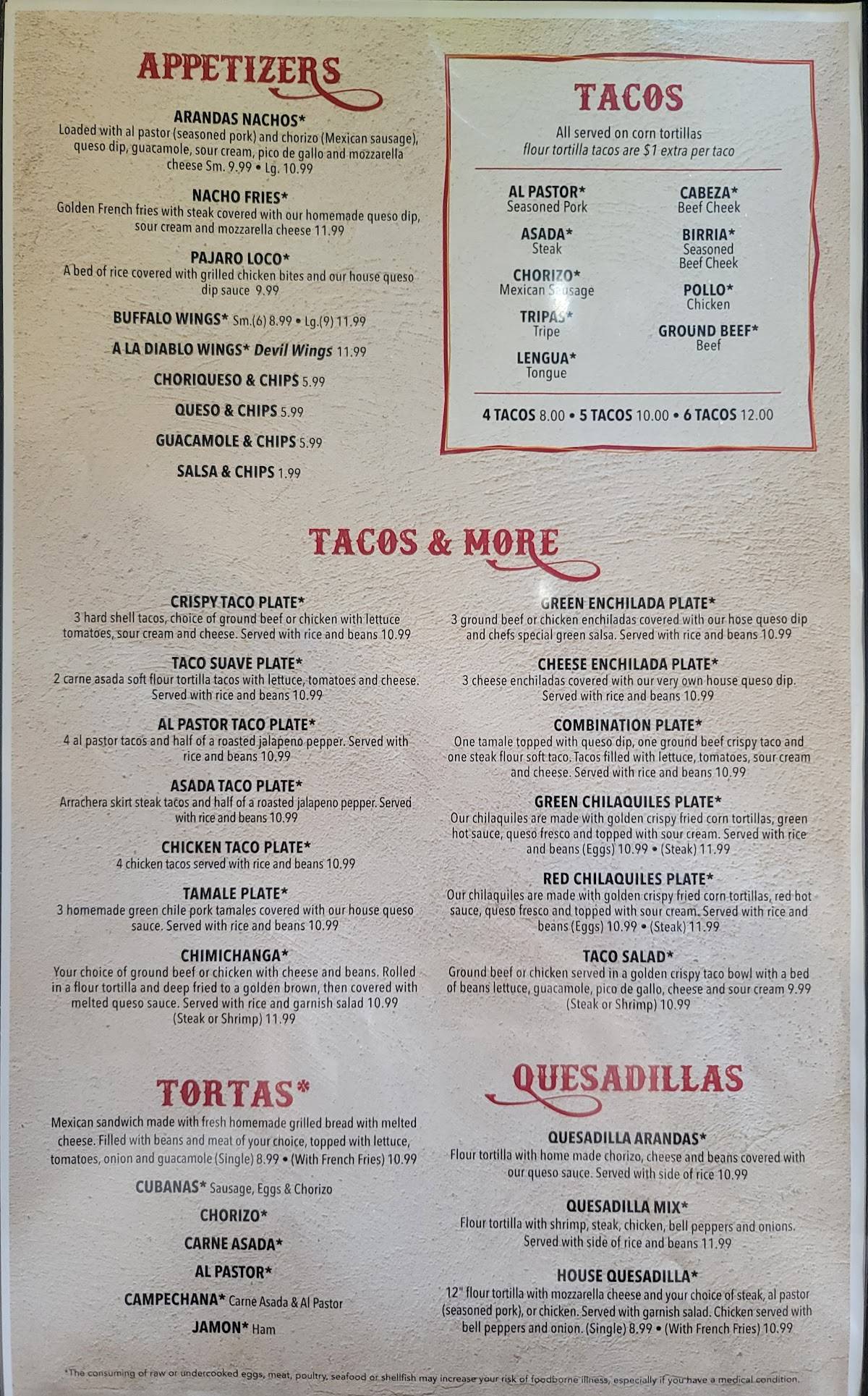 Menu at Arandas Tacos restaurant, Branson