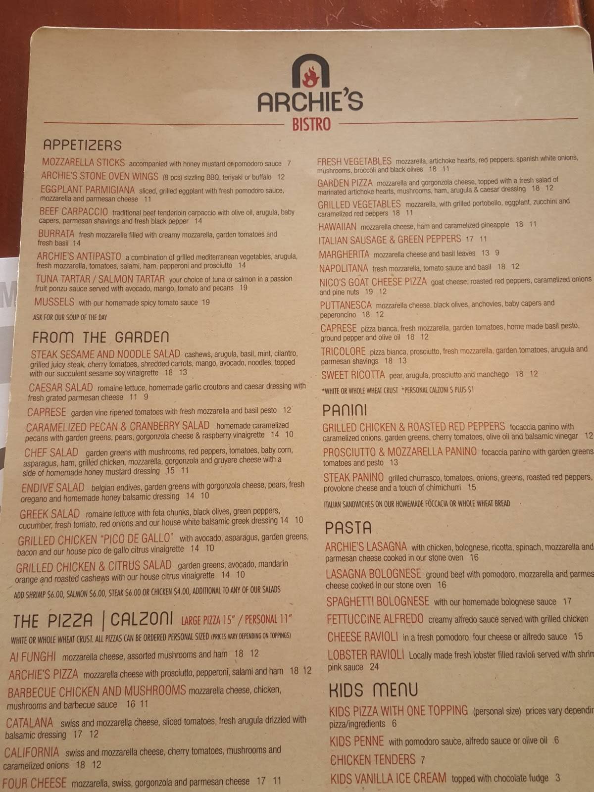 Carta de pizzería Archie's Gourmet Pizza, Key Biscayne, 600 Crandon Blvd