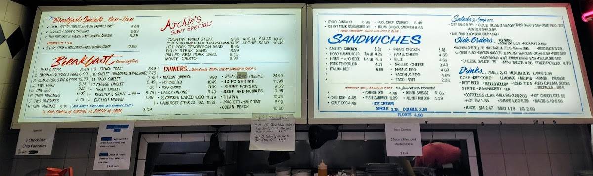 Menu at Archie's Restaurant, La Porte