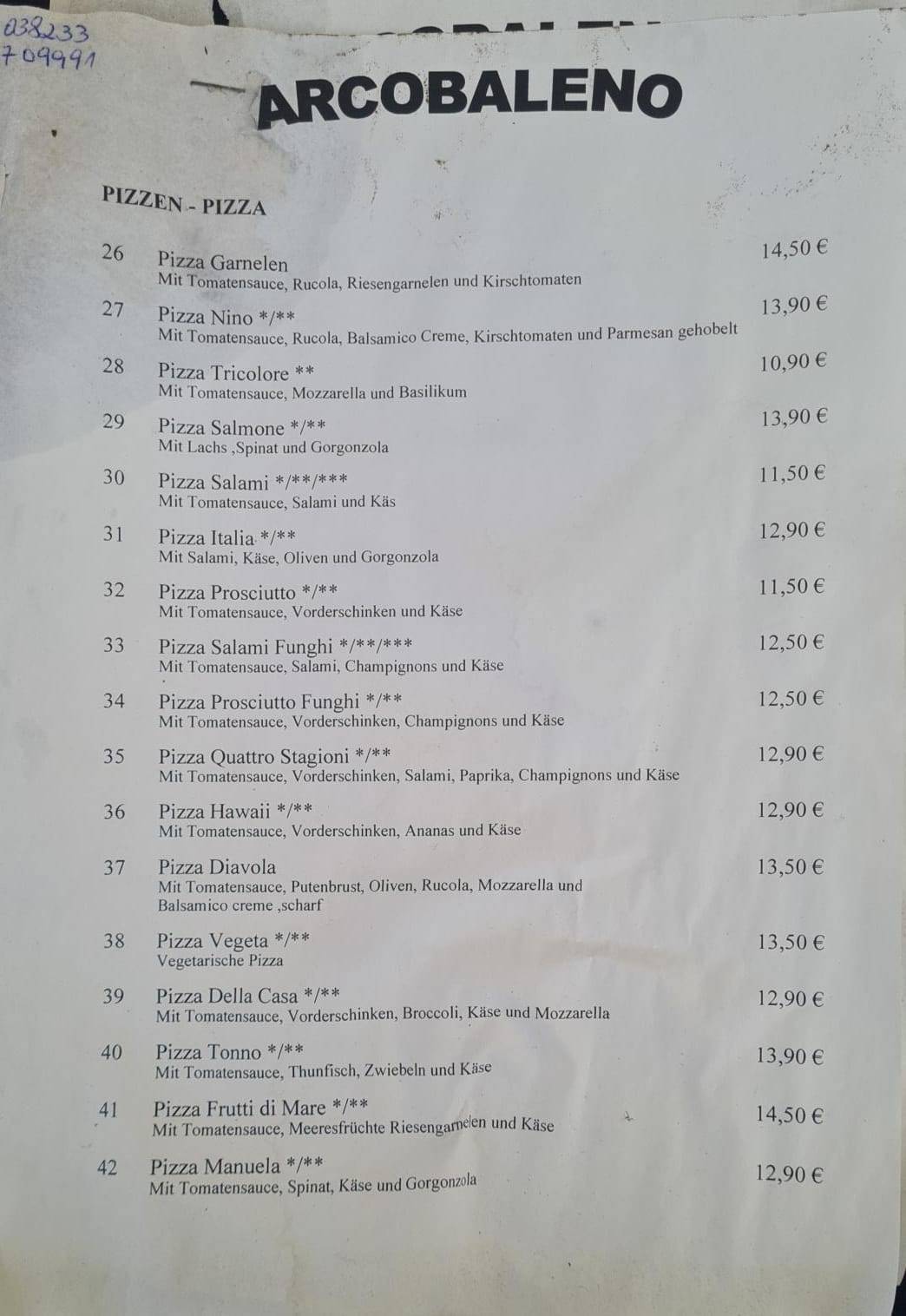 Speisekarte von Arcobaleno restaurant, Deutschland