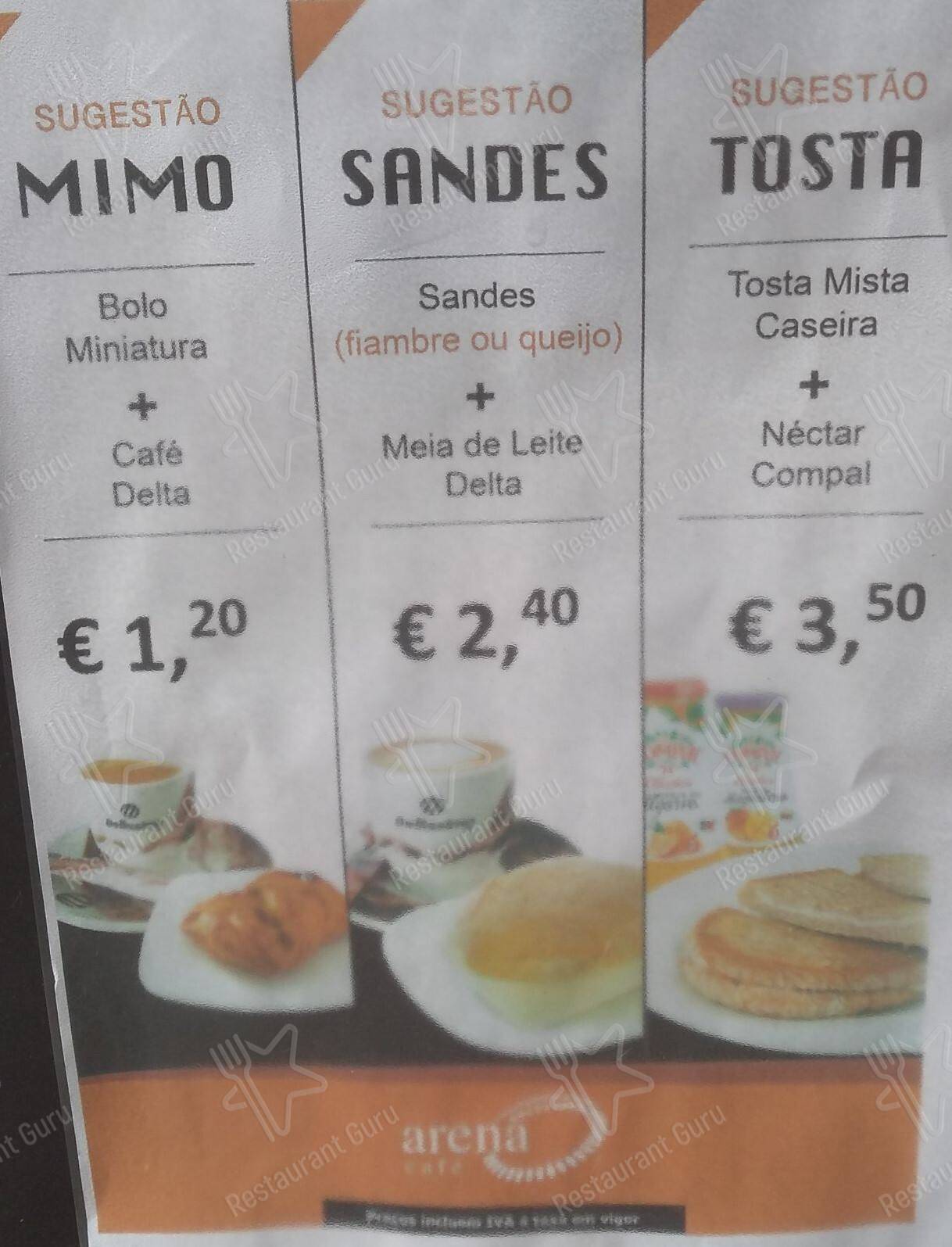 Menu at Caffee Arena cafe, Lisbon