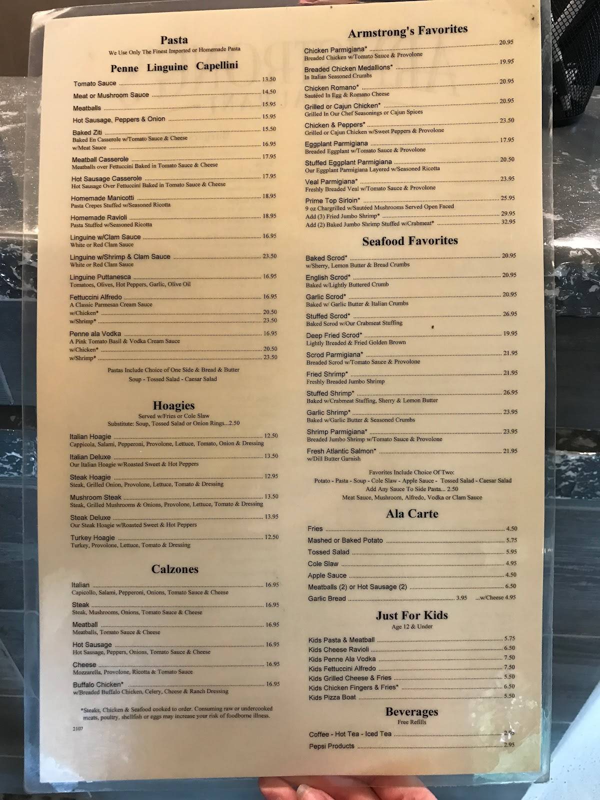 Menu at Armstrong's restaurant, Moon, Thorn Run Rd