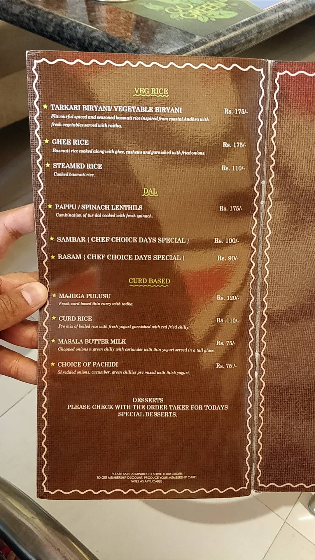 Menu at Aromas of Andhra, Bengaluru