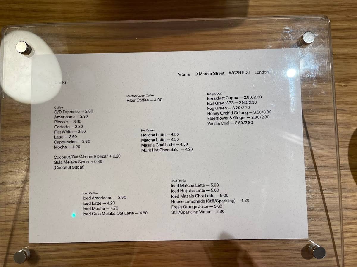 Menu at Arôme Bakery - Mercer Street, London
