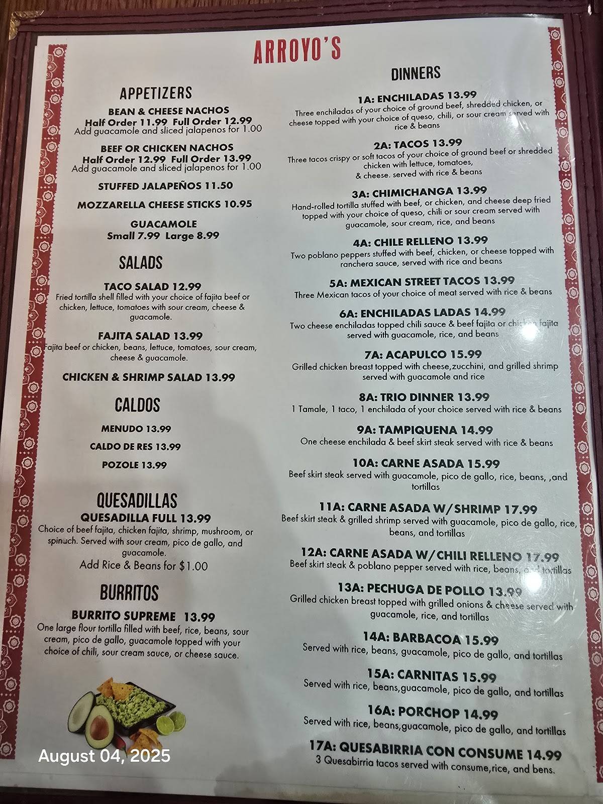 Menu at Arroyo's Mexican Restaurant Whitewright, Whitewright
