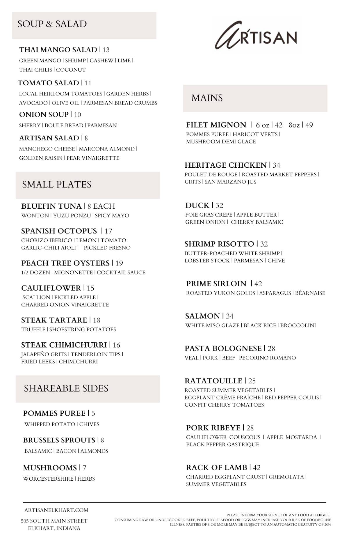 Menu at Artisan restaurant, Elkhart
