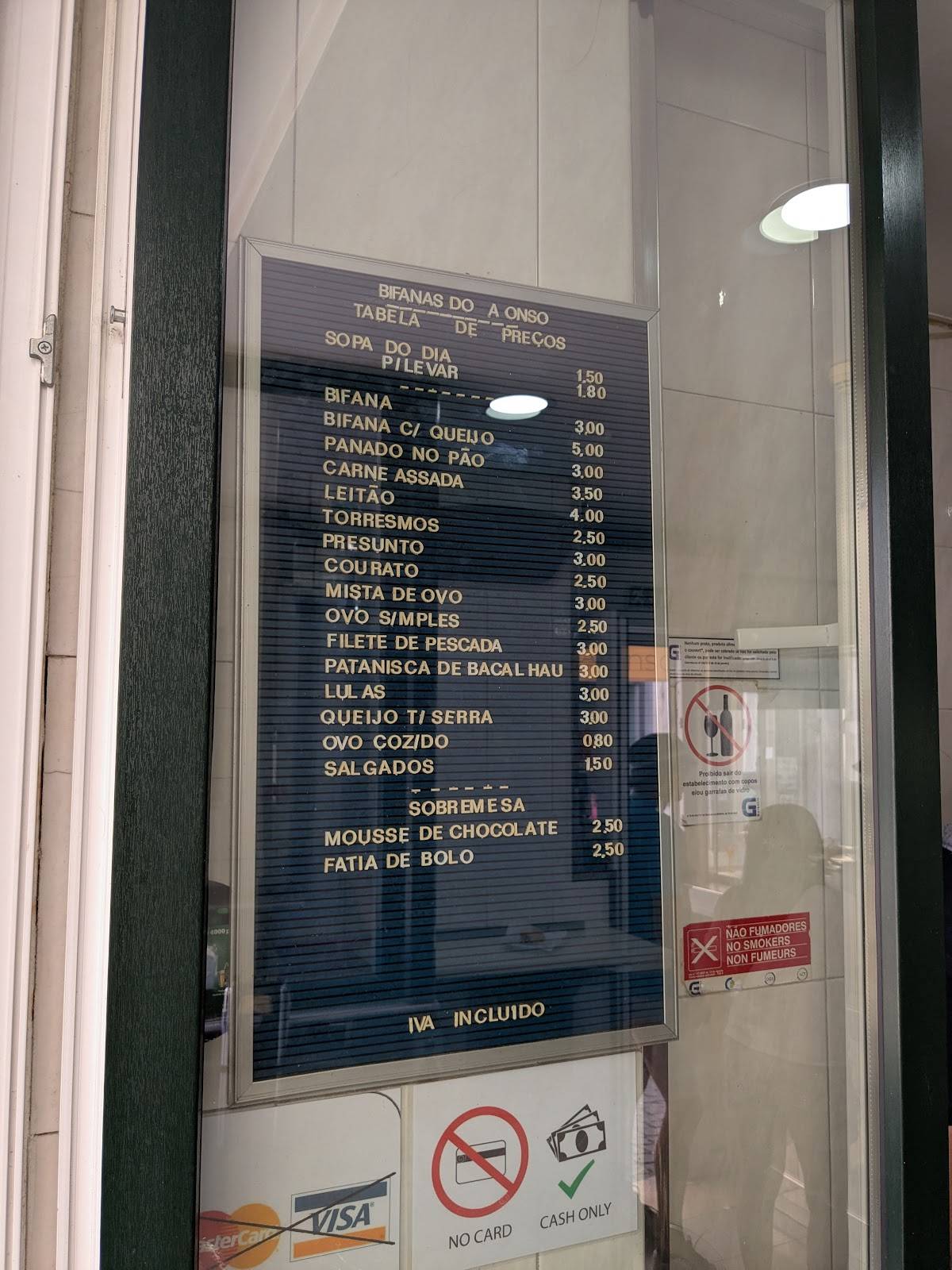 Carta de comida rápida As Bifanas do Afonso, Lisboa