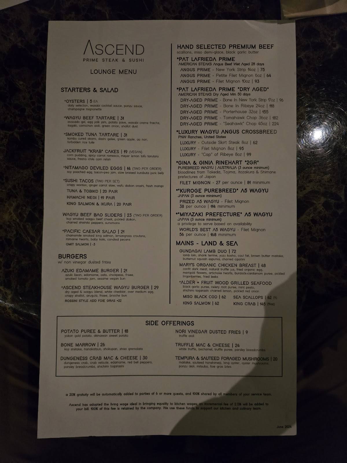 Menu at Ascend Prime Steak & Sushi restaurant, Bellevue