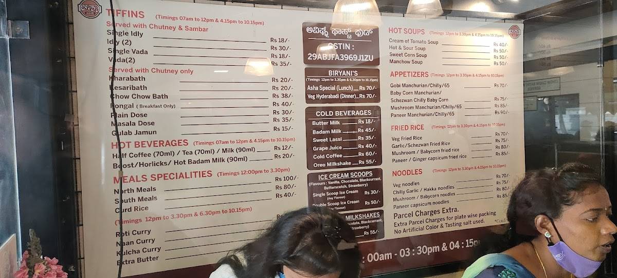 Menu at Asha Tiffins, Bengaluru
