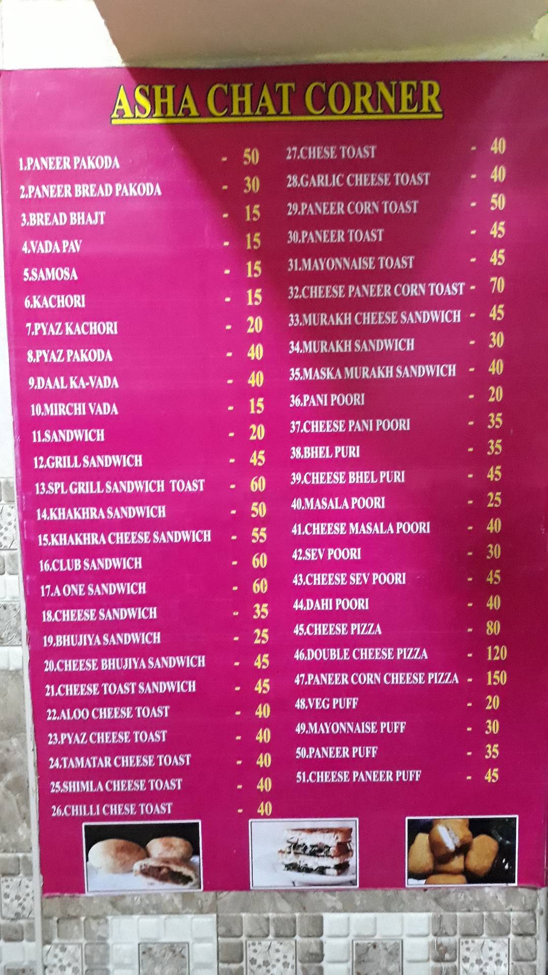 Menu at Asha chat corner, Chennai