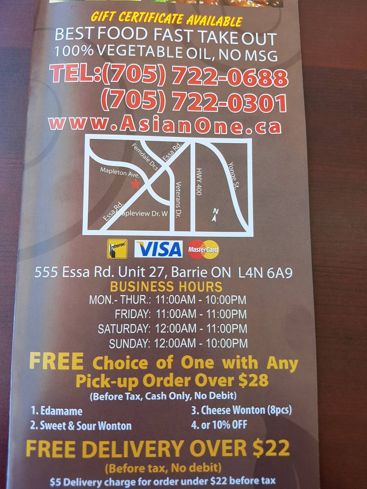 Menu at Asian One restaurant, Barrie