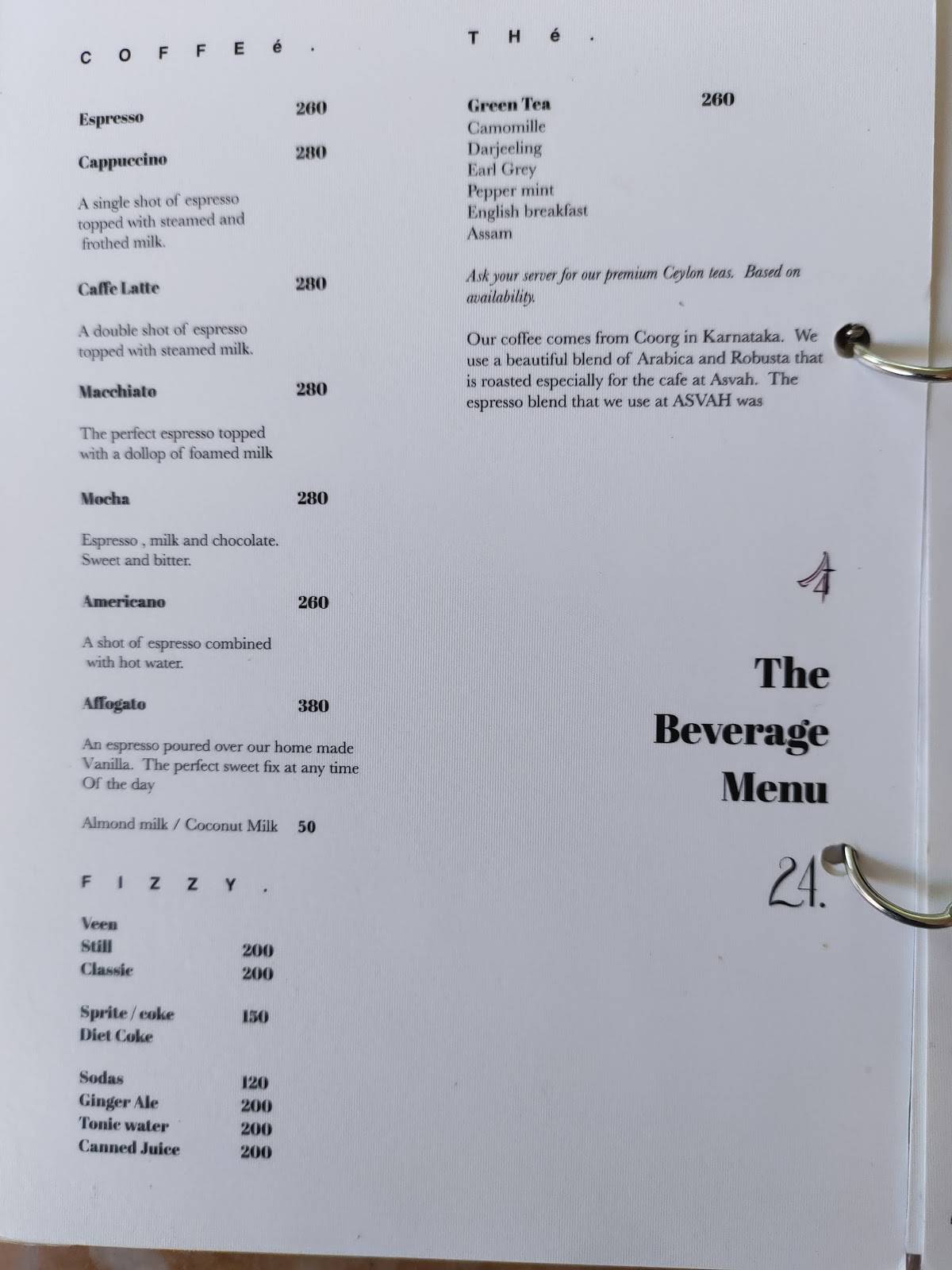 Menu at Asvah 24, Chennai, 4/24