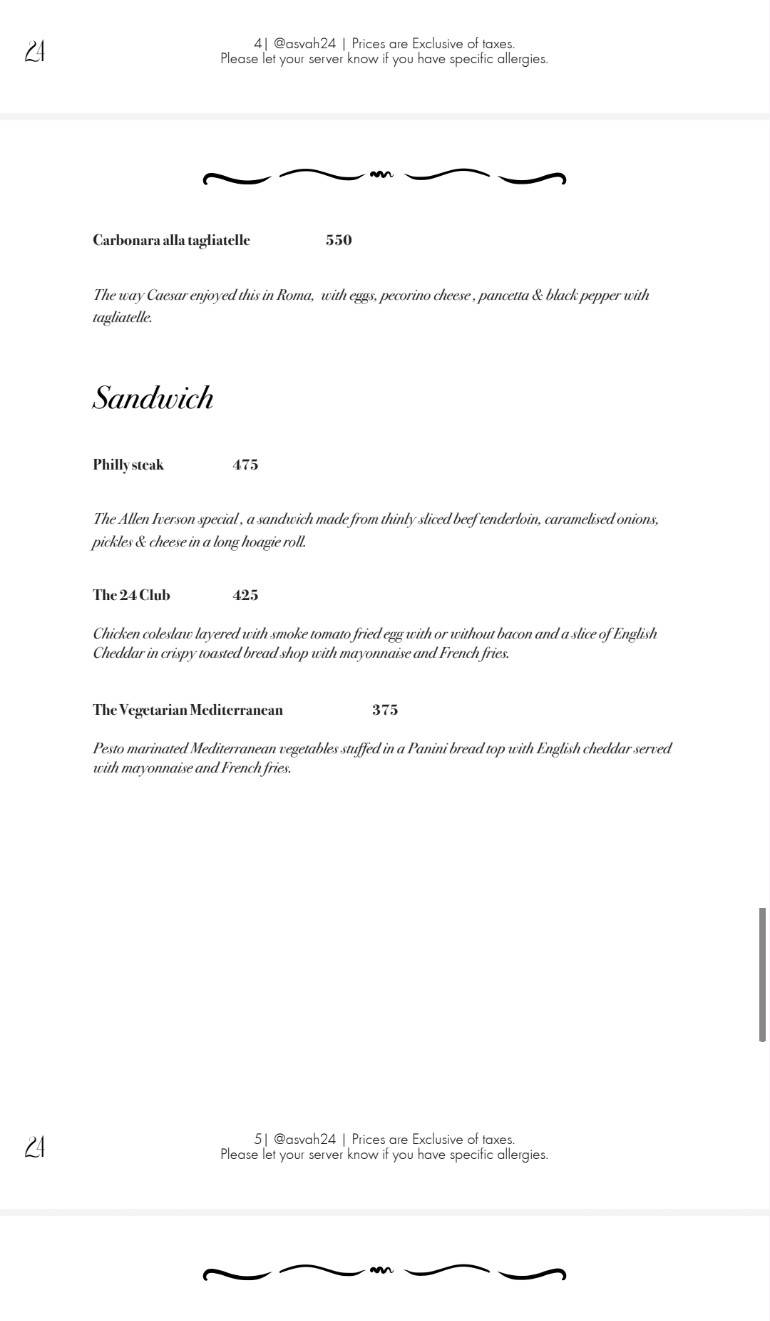 Menu at Asvah 24, Chennai, 4/24