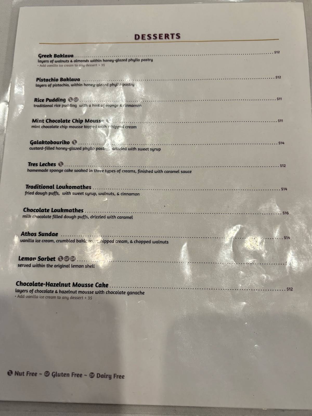 Menu at Athos Restaurant, Albany