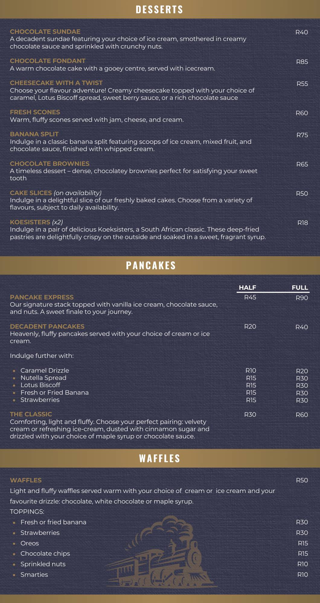 Menu at Atlantic Express Train Restaurant, Cape Town