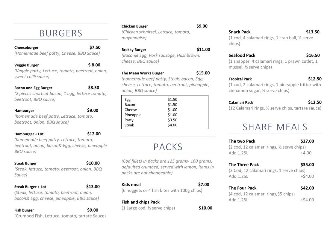 Menu at Atlantis seafood fast food, Strathpine
