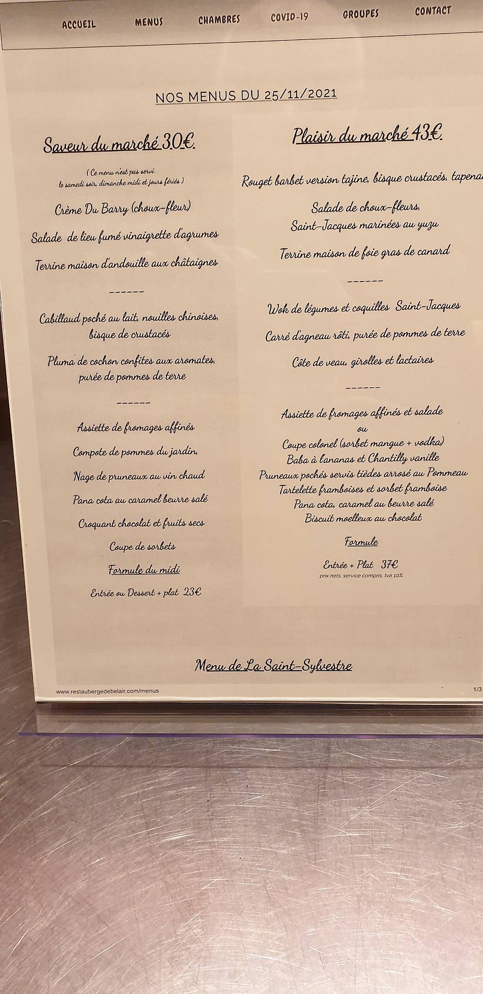 Menu au Auberge de Bel Air restaurant, Brélès